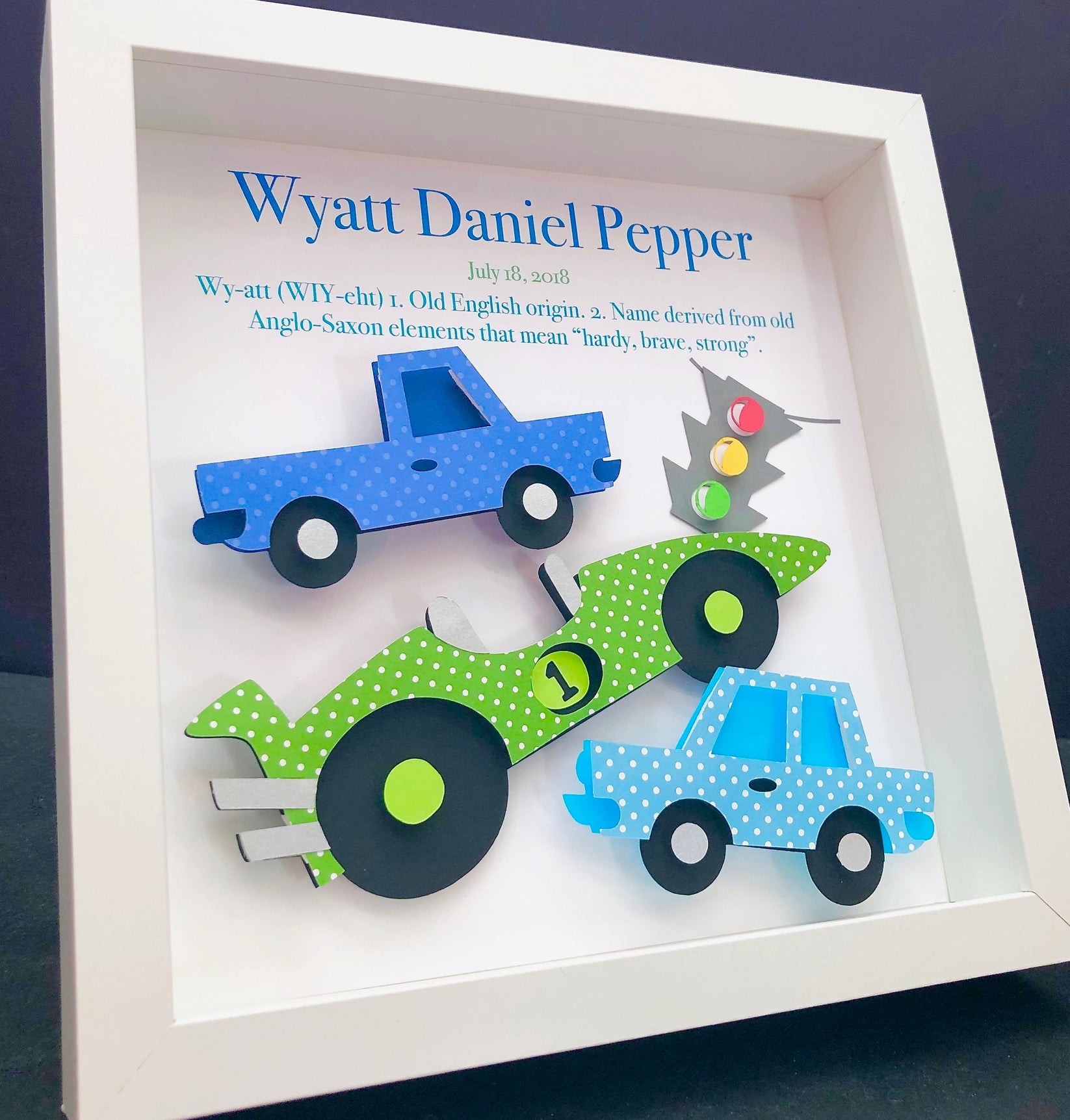 Baby Boy Name Frame with Race Cars and Truck – Paint & Paper Craft