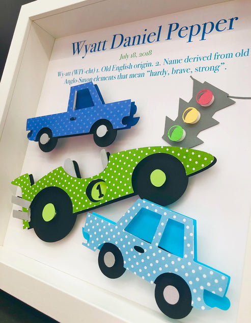 Baby Boy Name Frame with Race Cars and Truck – Paint & Paper Craft