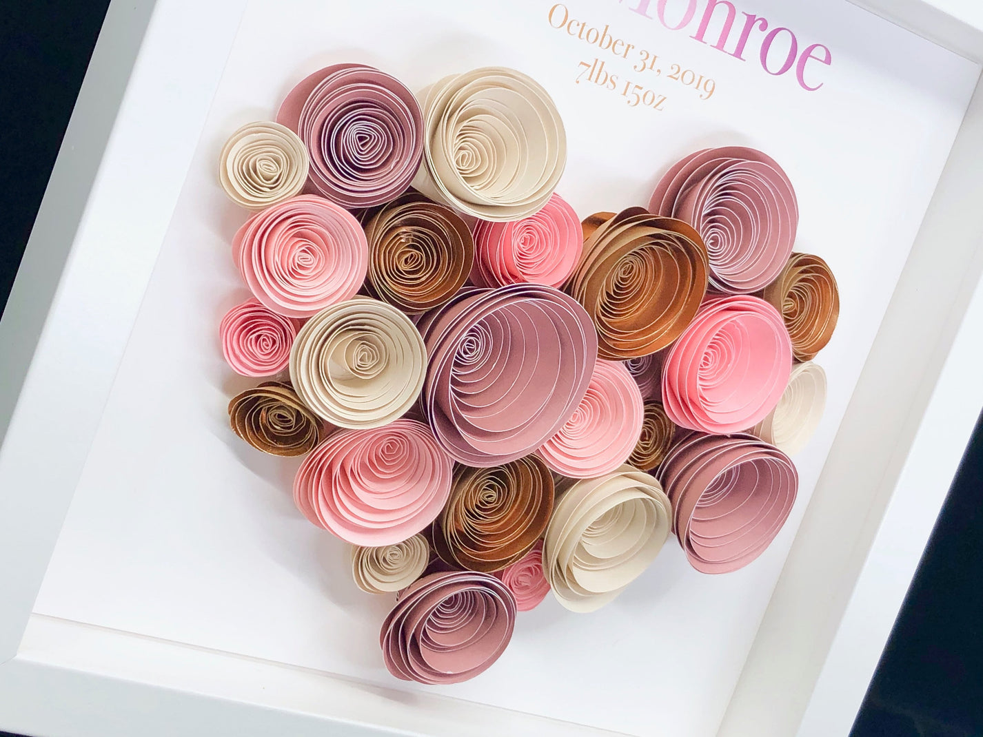 Personalized Baby Girl Name Frame with Heart of Paper Roses in Pinks a ...