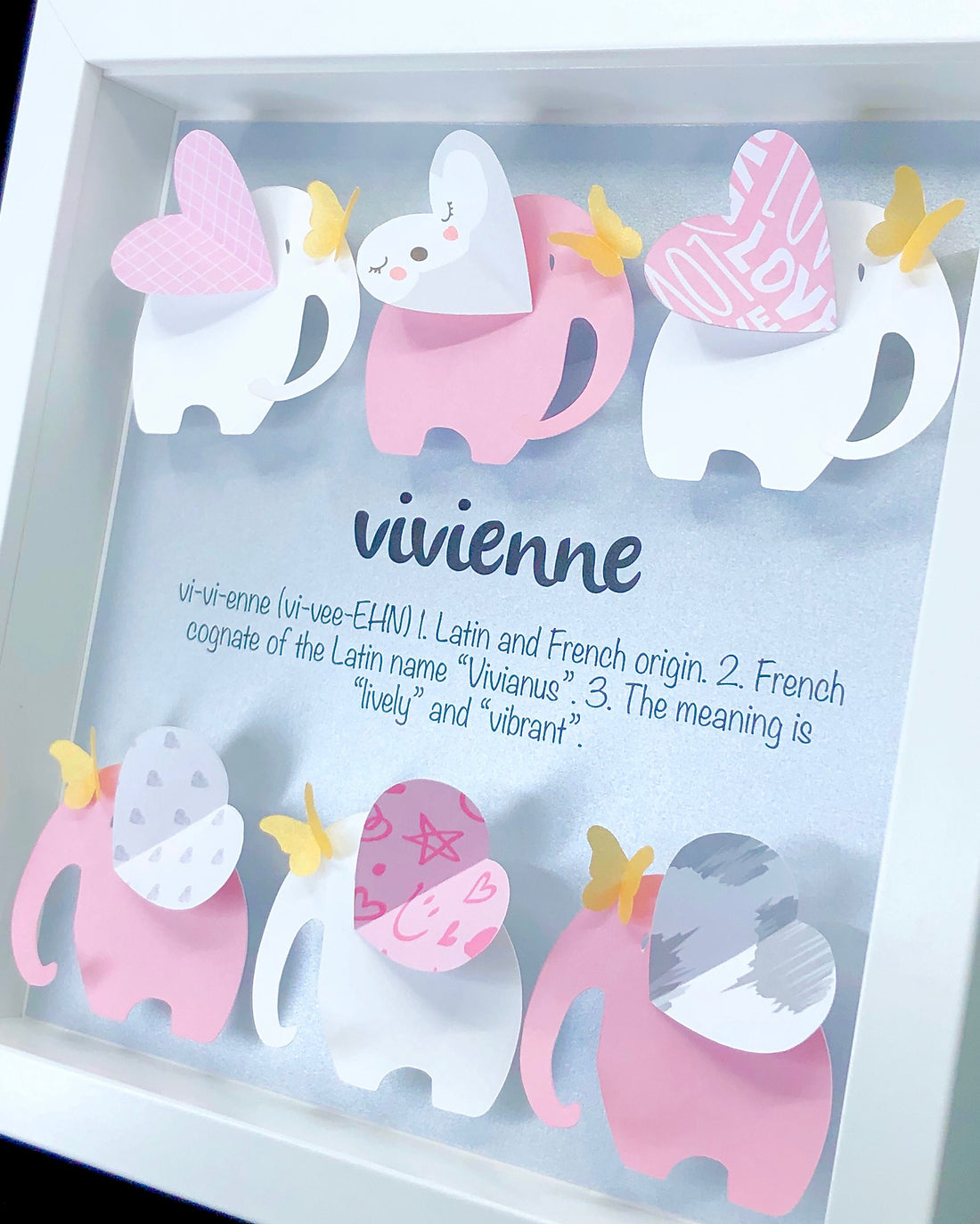 Personalized Baby Girl Name Frame with Pink Elephants on Silver – Paint ...