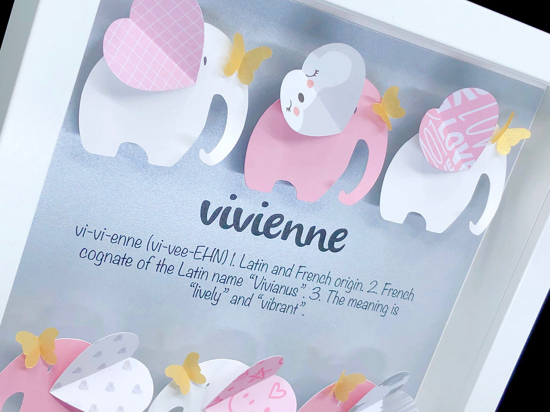 Personalized Baby Girl Name Frame with Pink Elephants on Silver – Paint ...