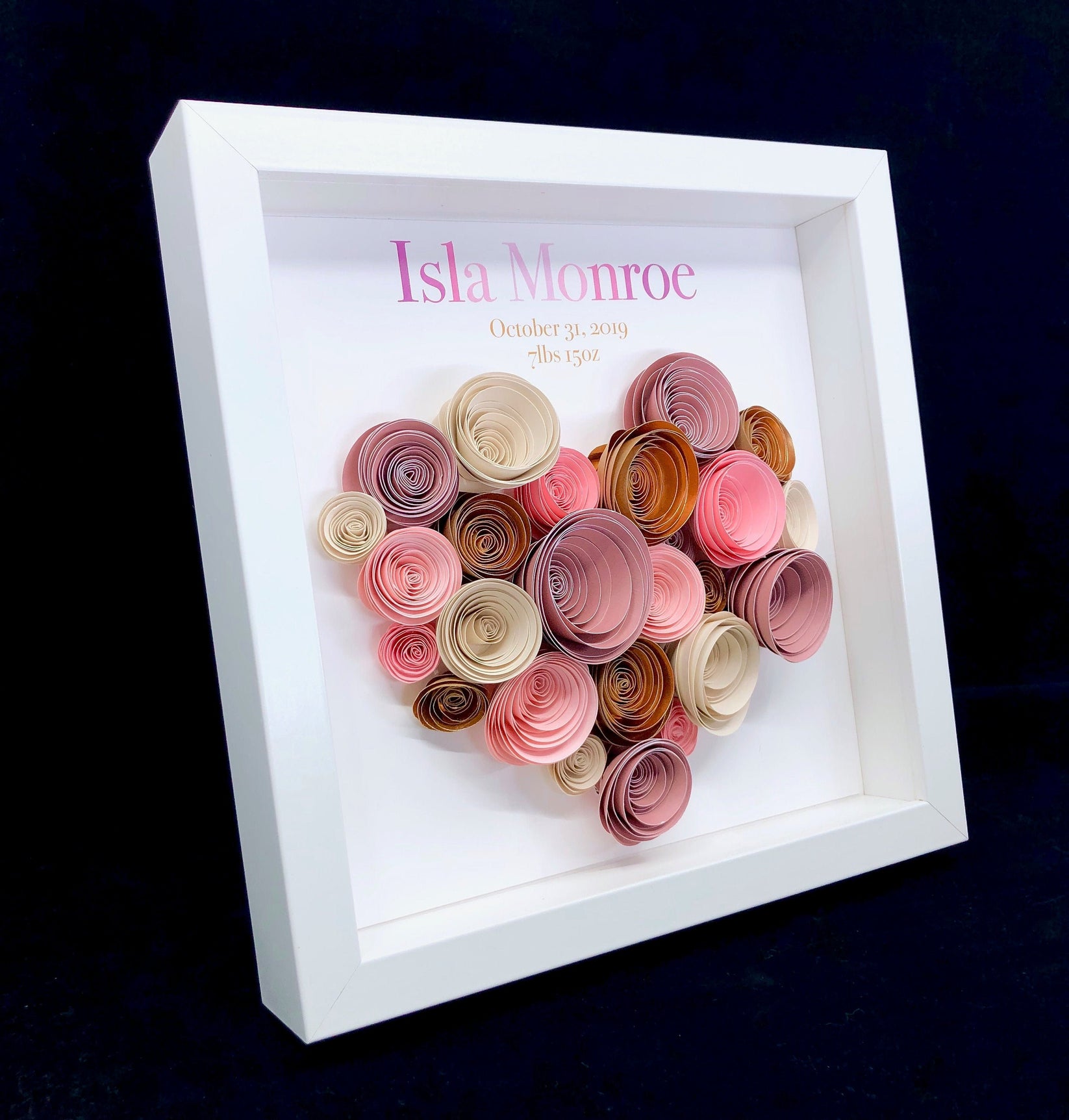 Personalized Baby Girl Name Frame with Heart of Paper Roses in Pinks a ...