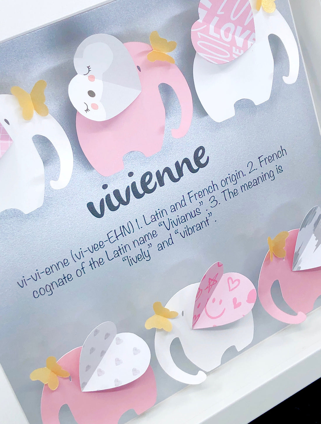 Personalized Baby Girl Name Frame with Pink Elephants on Silver – Paint ...